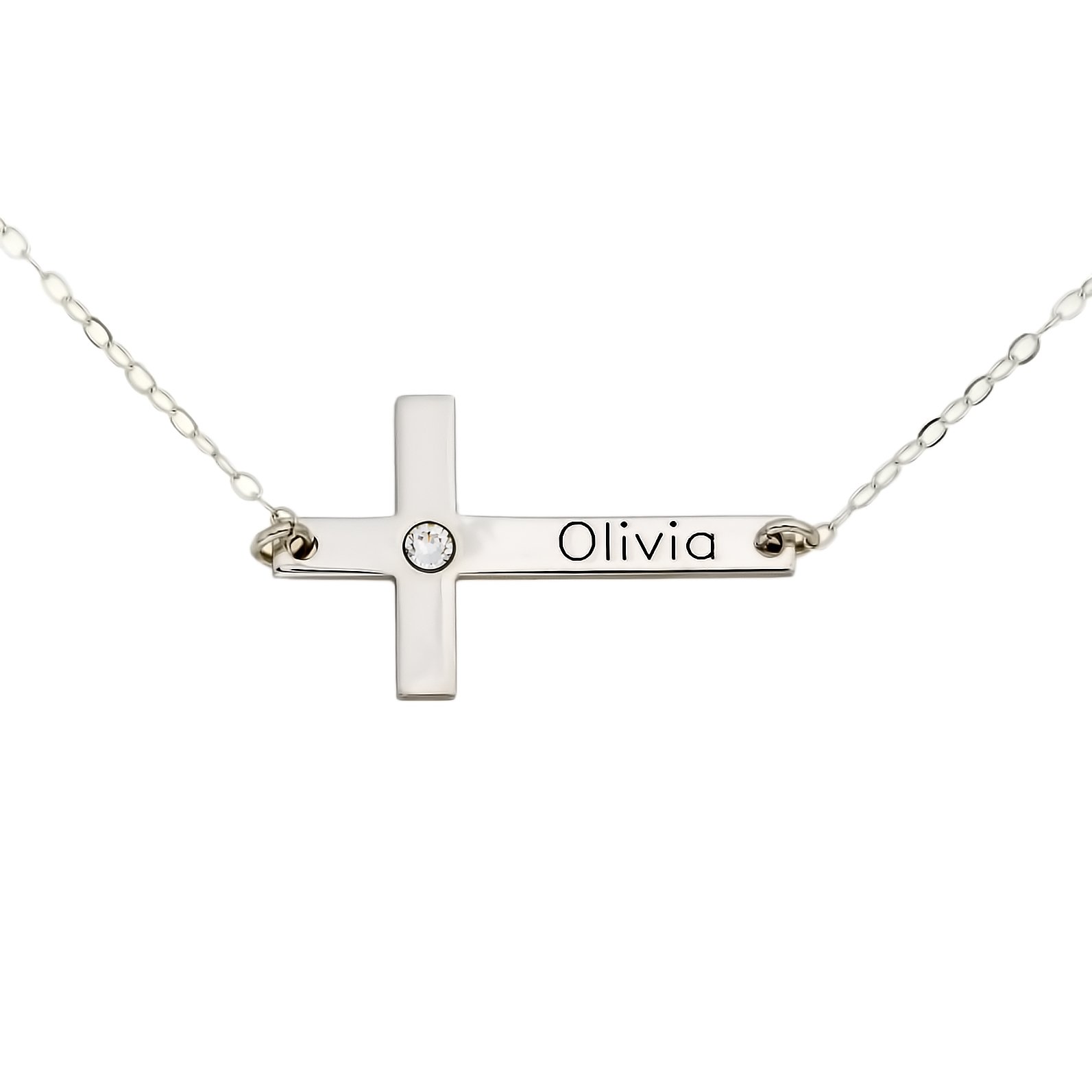 AJ's Collection Personalized Cross Necklace With Birthstone Setting. Upto 9 Characters. Choice of Sterling Silver Chain. Gift for her Keep Special Name Near Your Heart.