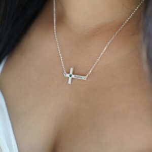 AJ's Collection Personalized Cross Necklace With Birthstone Setting. Upto 9 Characters. Choice of Sterling Silver Chain. Gift for her Keep Special Name Near Your Heart.