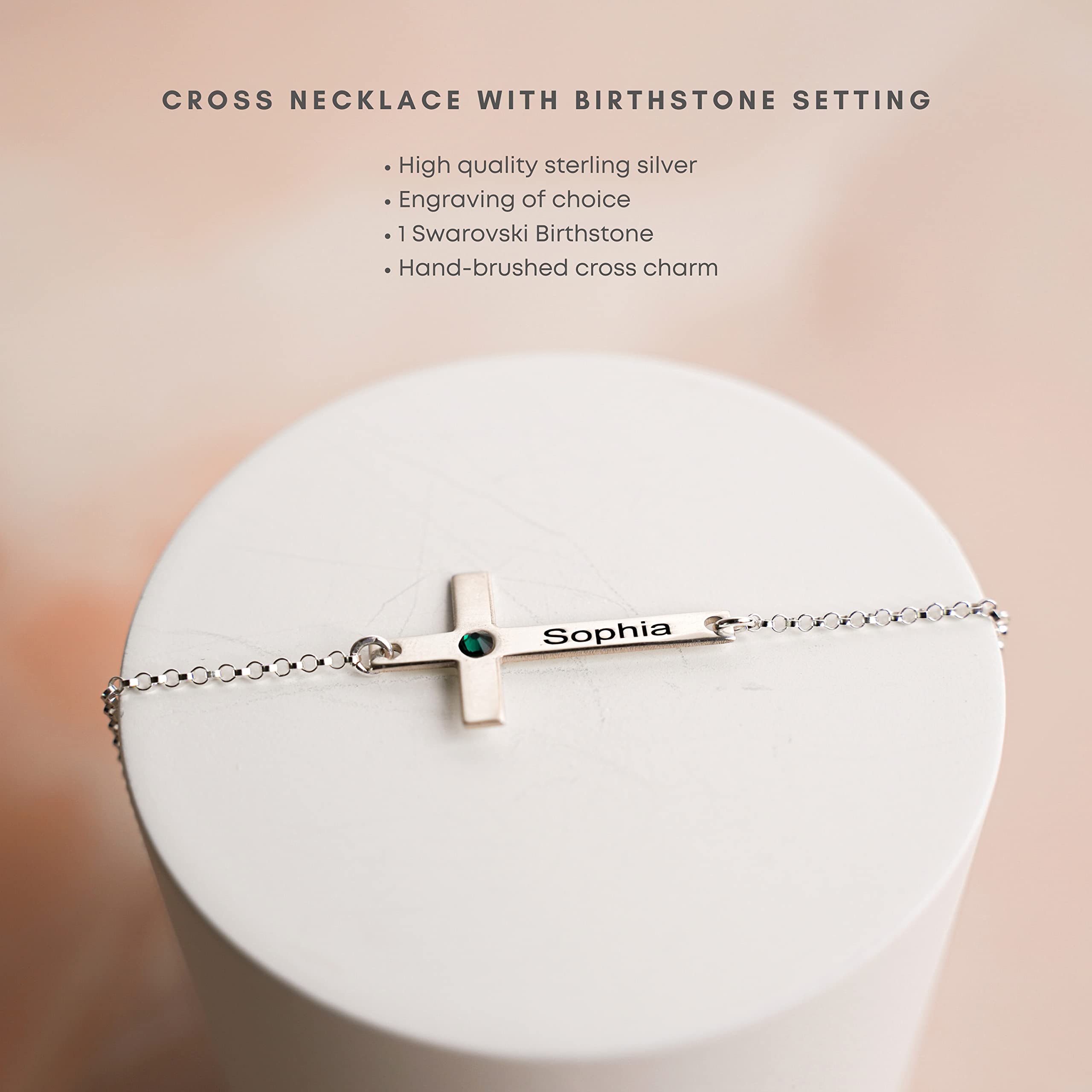 AJ's Collection Personalized Cross Necklace With Birthstone Setting. Upto 9 Characters. Choice of Sterling Silver Chain. Gift for her Keep Special Name Near Your Heart.