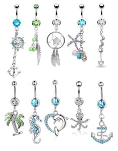 fibo steel 9-10 pcs dangle belly button rings for women 316l surgical steel curved navel barbell body jewelry piercing