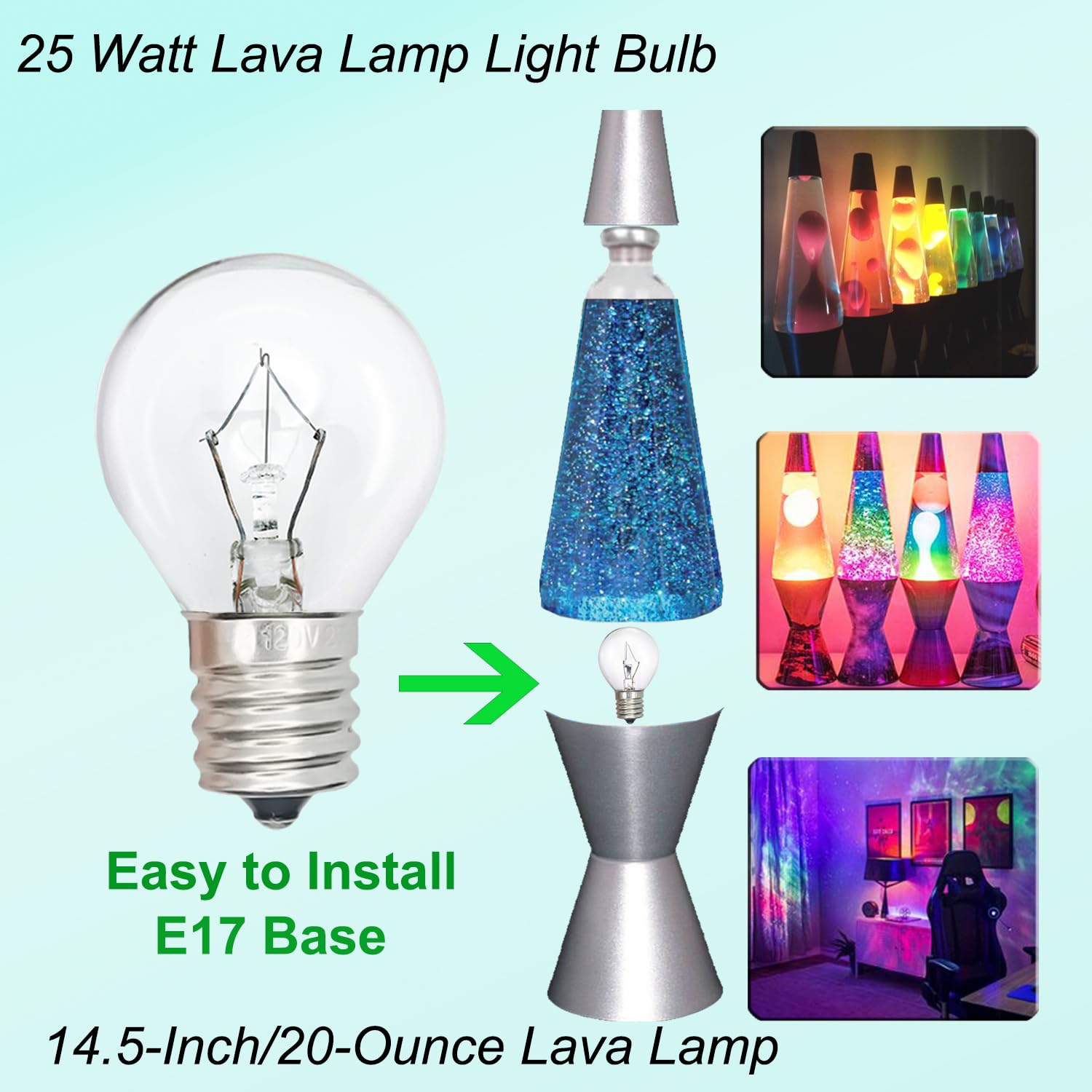 Lava Lamp Bulb 6 Pack 25W S11 E17 Base Lava Lamp Light Bulb,Replacement Bulbs for 14.5 Inch Lava Lamps and Glitter Lamps,120 Volt,Dimmable,2700K Warm White