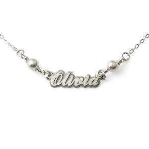 aj's collection petite nameplate sterling silver necklace with swarovski pearls. choice sterling silver, 14k gold plated or 14k rose gold