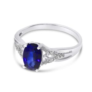 Jewels By Lux 10k White Gold Genuine Blue Birthstone Solitaire Oval Sapphire And Diamond Wedding Engagement Ring - Size 9 (1.18 Cttw.)