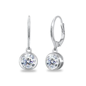 sterling silver earrings for women | cubic zirconia earrings | 6mm round bezel sparkling triple aaa cubic zirconia drop cz dangle earrings for women bridal fashion trendy