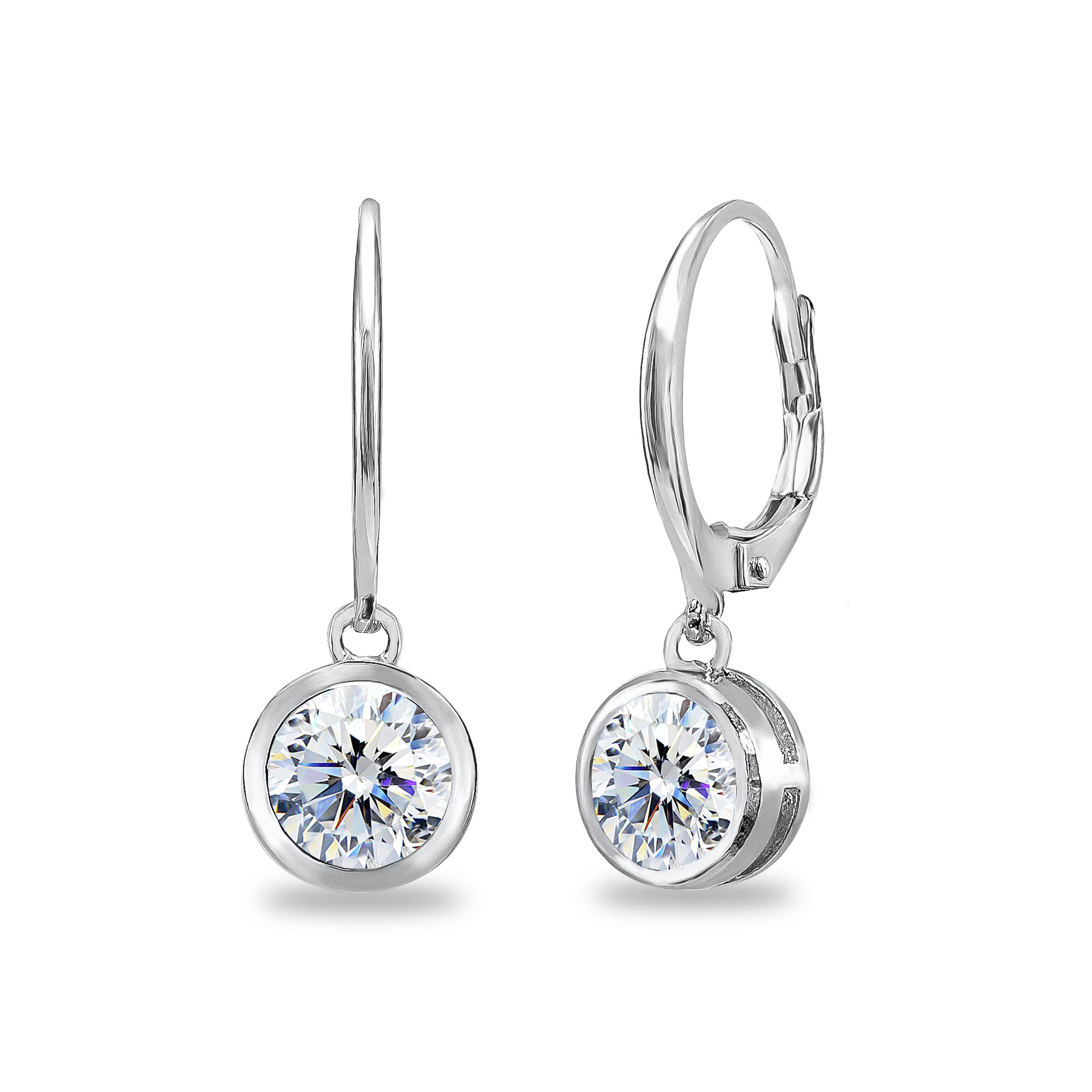 Sterling Silver Earrings for Women | Cubic Zirconia Earrings | 6mm Round Bezel Sparkling Triple AAA Cubic Zirconia Drop CZ Dangle Earrings for Women Bridal Fashion Trendy