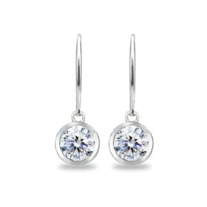 Sterling Silver Earrings for Women | Cubic Zirconia Earrings | 6mm Round Bezel Sparkling Triple AAA Cubic Zirconia Drop CZ Dangle Earrings for Women Bridal Fashion Trendy