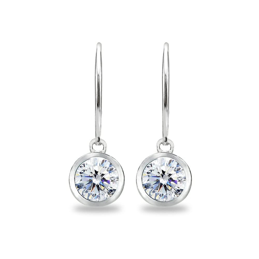 Sterling Silver Earrings for Women | Cubic Zirconia Earrings | 6mm Round Bezel Sparkling Triple AAA Cubic Zirconia Drop CZ Dangle Earrings for Women Bridal Fashion Trendy