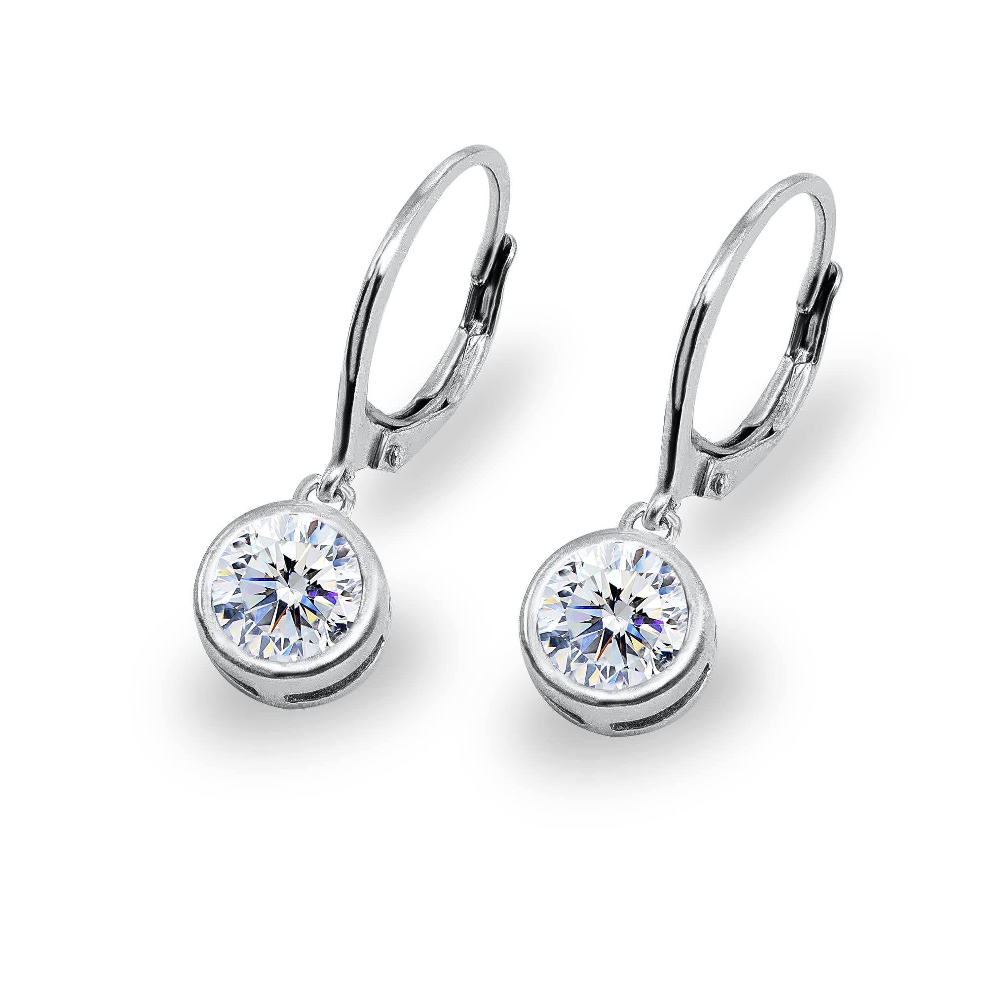 Sterling Silver Earrings for Women | Cubic Zirconia Earrings | 6mm Round Bezel Sparkling Triple AAA Cubic Zirconia Drop CZ Dangle Earrings for Women Bridal Fashion Trendy