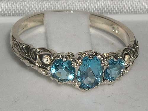 Ladies Solid Sterling Silver Real Genuine Blue Topaz English Victorian Trilogy Ring - Size 11