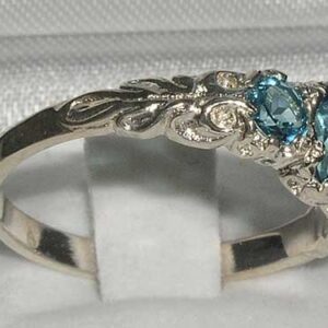 Ladies Solid Sterling Silver Real Genuine Blue Topaz English Victorian Trilogy Ring - Size 11