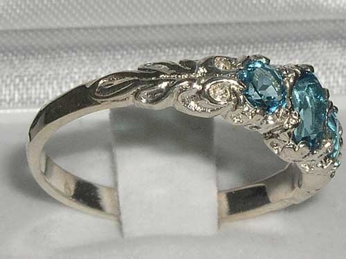 Ladies Solid Sterling Silver Real Genuine Blue Topaz English Victorian Trilogy Ring - Size 11