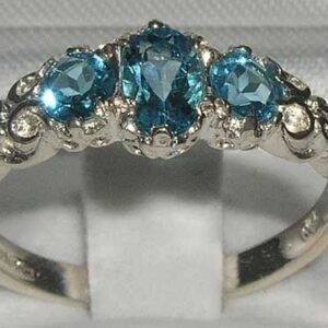 Ladies Solid Sterling Silver Real Genuine Blue Topaz English Victorian Trilogy Ring - Size 11