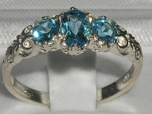 Ladies Solid Sterling Silver Real Genuine Blue Topaz English Victorian Trilogy Ring - Size 11