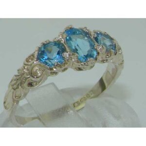 Ladies Solid Sterling Silver Real Genuine Blue Topaz English Victorian Trilogy Ring - Size 11