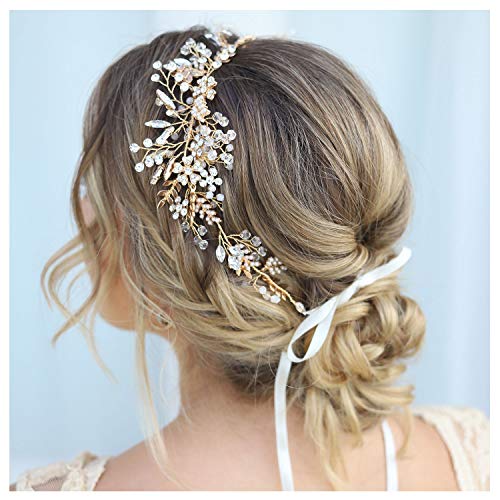 SWEETV Gold Rhinestone Wedding Headband Handmade Hair Band Bridal Headpiece Hair Accessories for Brides Bridesmaid