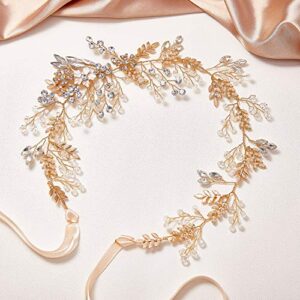 SWEETV Gold Rhinestone Wedding Headband Handmade Hair Band Bridal Headpiece Hair Accessories for Brides Bridesmaid