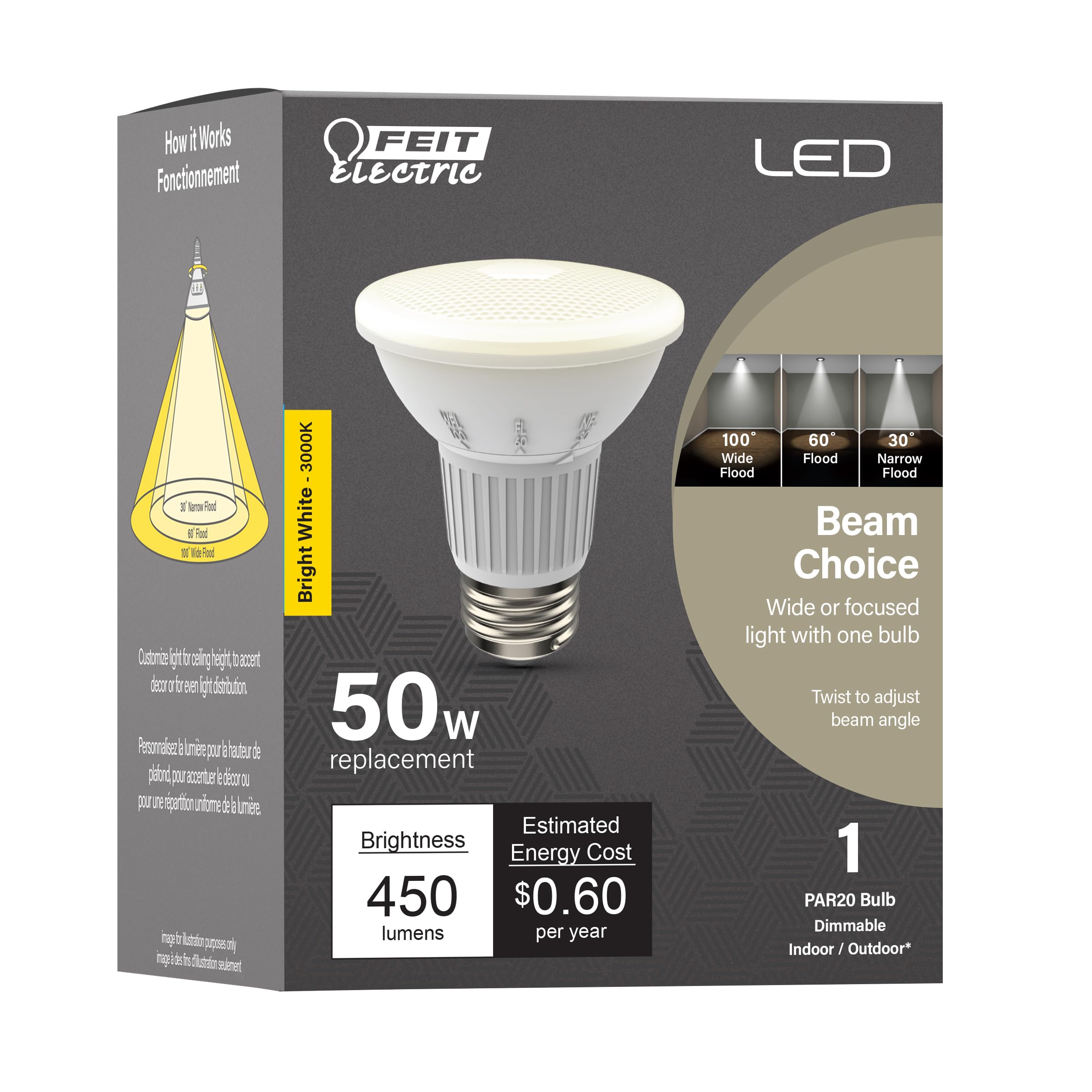 Feit Electric PAR20 LED Light Bulb, 50W Equivalent, Dimmable Spotlight Bulb, 3000K Bright White, E26 Base, 450 Lumens, 22-Year Lifetime, Beam Choice LED Track Light Bulb, PAR20/ADJ/930CA