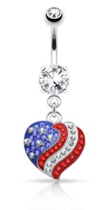 forbidden body jewelry american flag heart pave cz crystal dangle belly button ring