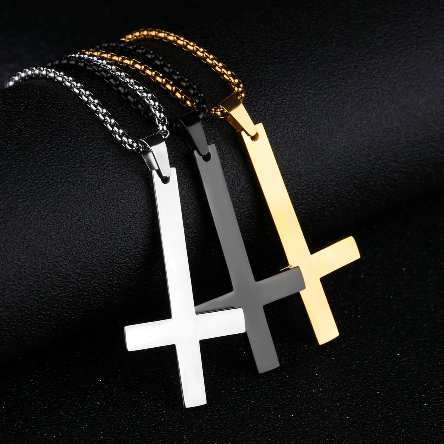 JAJAFOOK Stainless Steel Silver/Balck/Gold Upside Down Cross Pendant Necklaces With 21.6" Chain