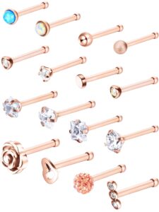 jovitec 16 pieces nose stud for women 20 g nose ring set bone nose studs l shaped surgical stainless steel cartilage tragus piercing rose gold ball sapphire labret jewelry