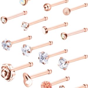 JOVITEC 16 Pieces Nose Stud for Women 20 g Nose Ring Set Bone Nose Studs l Shaped Surgical Stainless Steel Cartilage Tragus Piercing Rose Gold Ball Sapphire Labret Jewelry