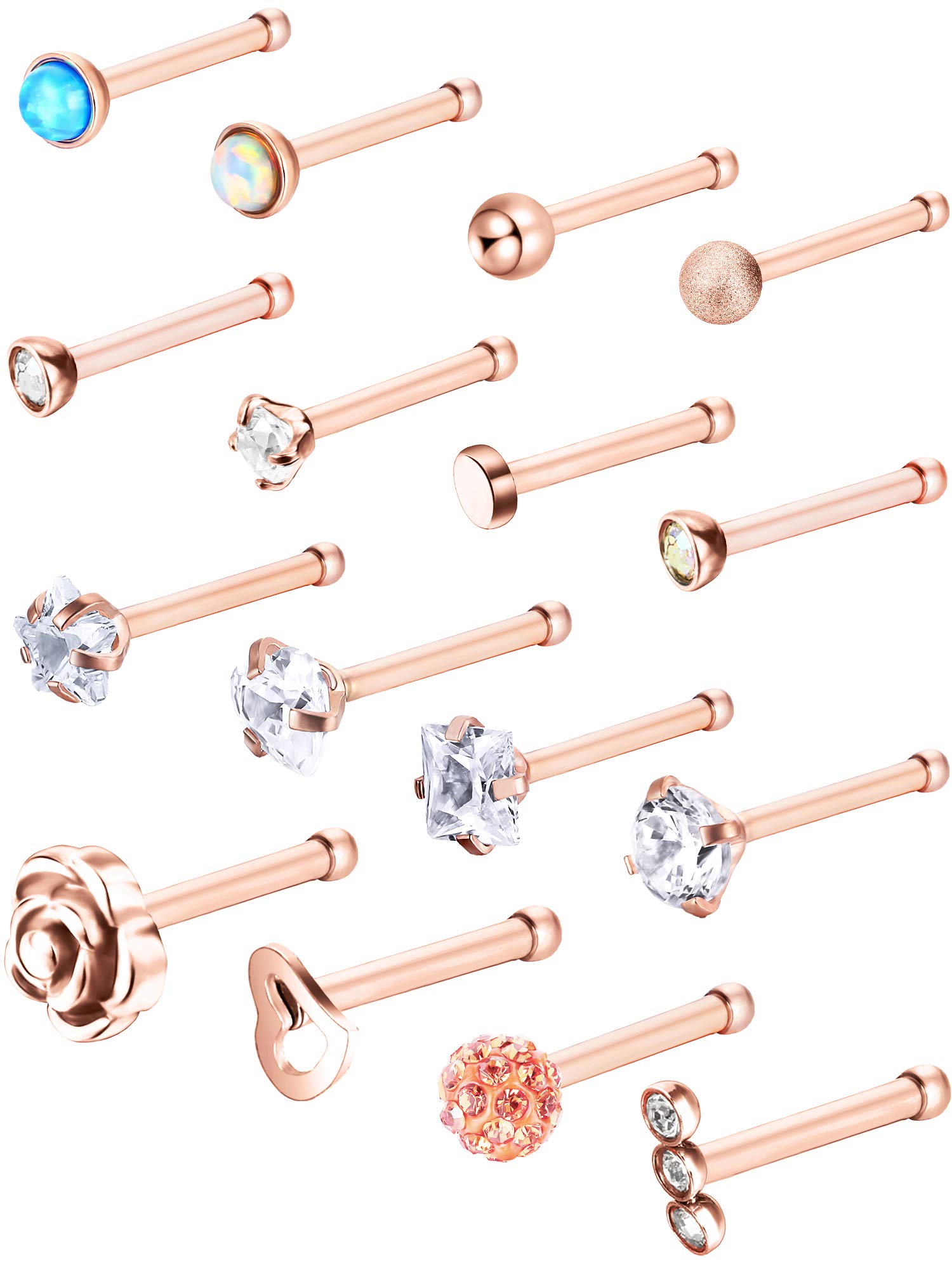 JOVITEC 16 Pieces Nose Stud for Women 20 g Nose Ring Set Bone Nose Studs l Shaped Surgical Stainless Steel Cartilage Tragus Piercing Rose Gold Ball Sapphire Labret Jewelry