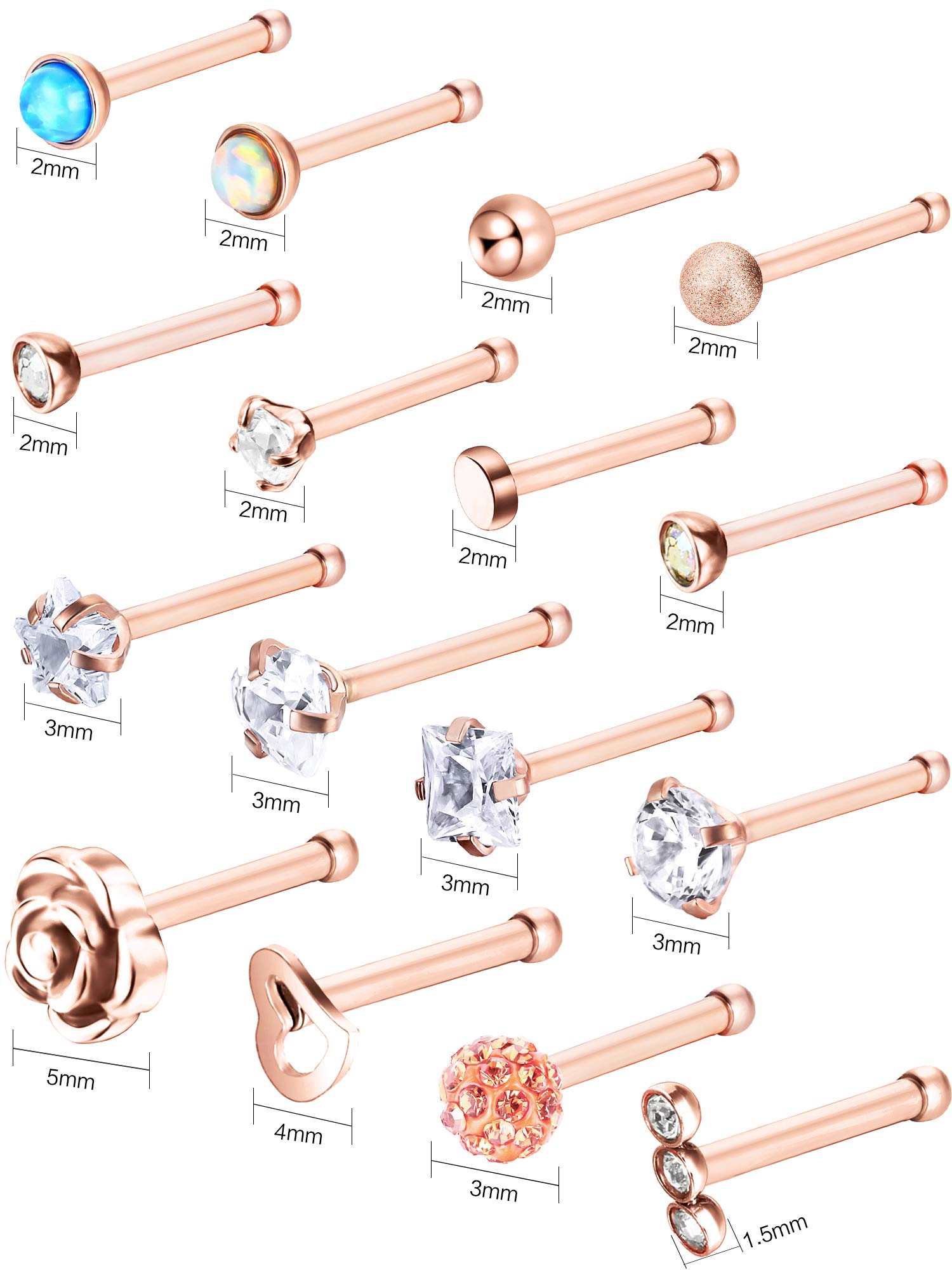 JOVITEC 16 Pieces Nose Stud for Women 20 g Nose Ring Set Bone Nose Studs l Shaped Surgical Stainless Steel Cartilage Tragus Piercing Rose Gold Ball Sapphire Labret Jewelry