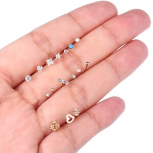 JOVITEC 16 Pieces Nose Stud for Women 20 g Nose Ring Set Bone Nose Studs l Shaped Surgical Stainless Steel Cartilage Tragus Piercing Rose Gold Ball Sapphire Labret Jewelry