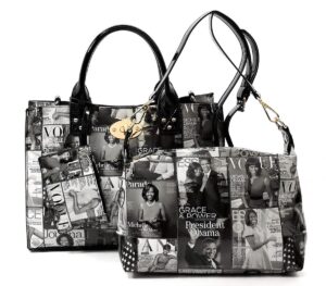 glossy magazine cover collage 3-in-1 shoulder bag hobo michelle obama handbag (3-black/white)