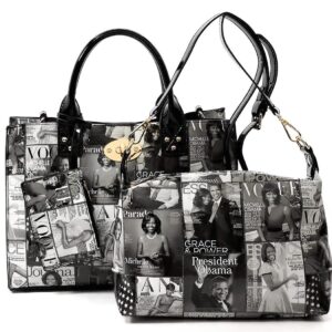 Glossy Magazine Cover Collage 3-in-1 Shoulder Bag Hobo Michelle Obama Handbag (3-Black/White)