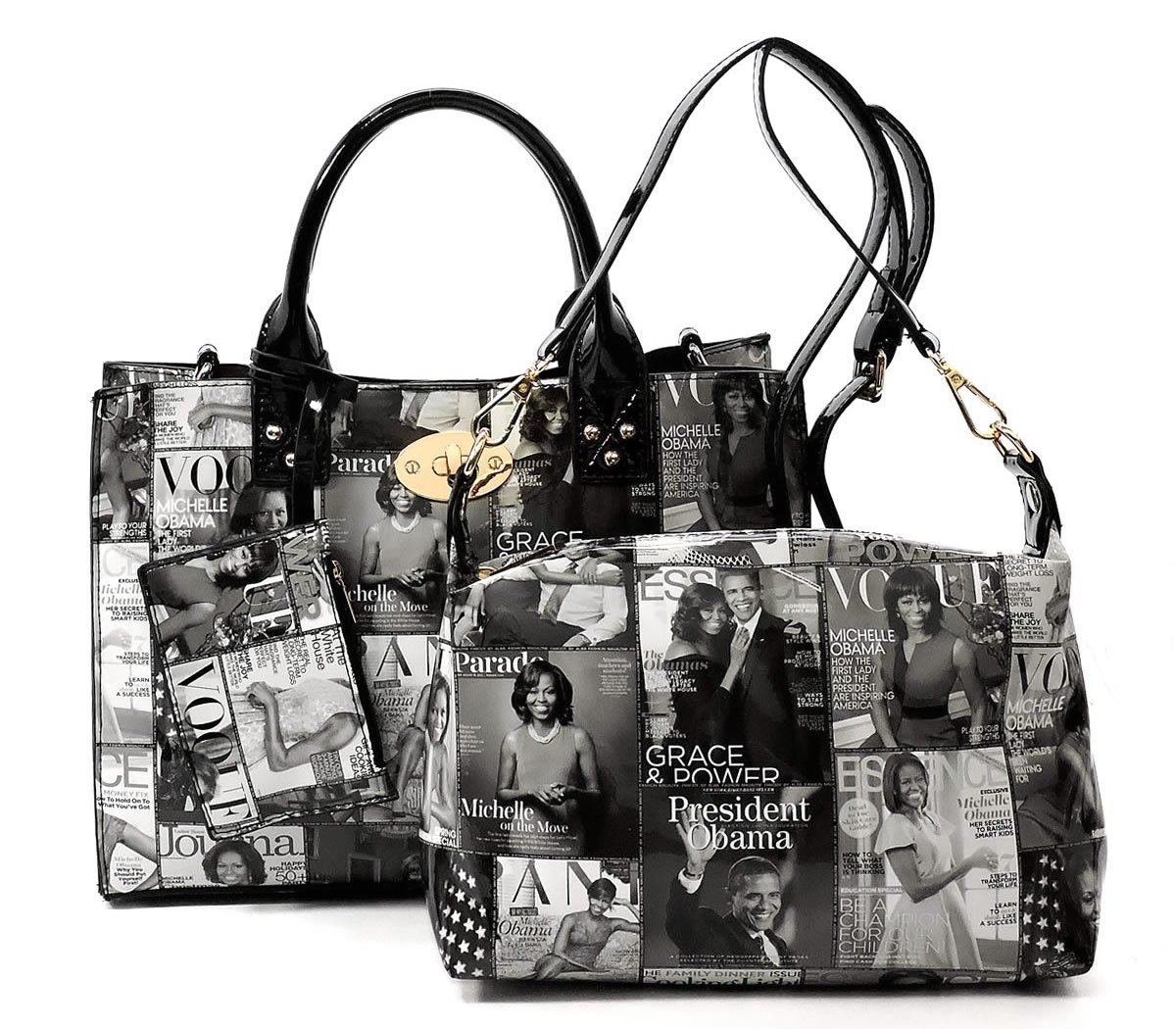 Glossy Magazine Cover Collage 3-in-1 Shoulder Bag Hobo Michelle Obama Handbag (3-Black/White)