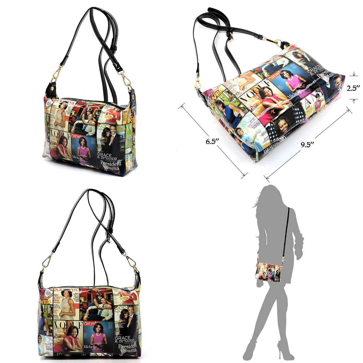 Glossy Magazine Cover Collage 3-in-1 Shoulder Bag Hobo Michelle Obama Handbag (3-Black/White)