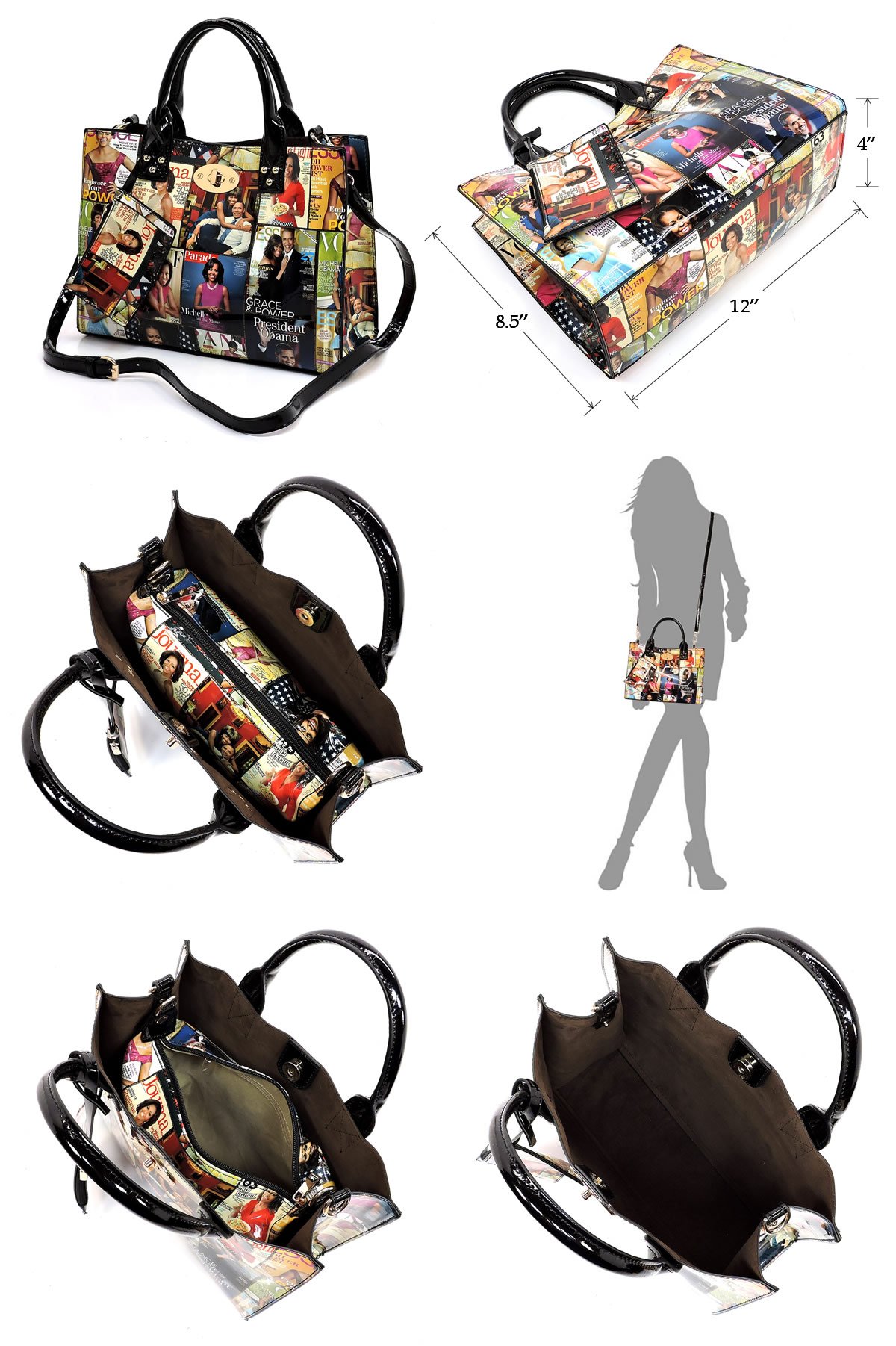 Glossy Magazine Cover Collage 3-in-1 Shoulder Bag Hobo Michelle Obama Handbag (3-Black/White)