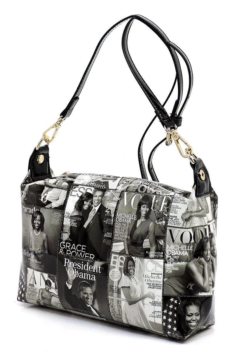 Glossy Magazine Cover Collage 3-in-1 Shoulder Bag Hobo Michelle Obama Handbag (3-Black/White)