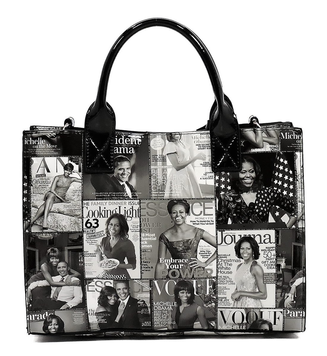 Glossy Magazine Cover Collage 3-in-1 Shoulder Bag Hobo Michelle Obama Handbag (3-Black/White)