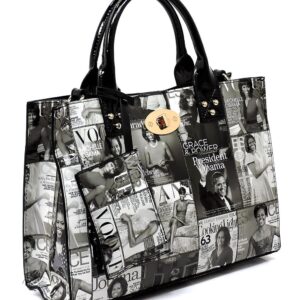 Glossy Magazine Cover Collage 3-in-1 Shoulder Bag Hobo Michelle Obama Handbag (3-Black/White)