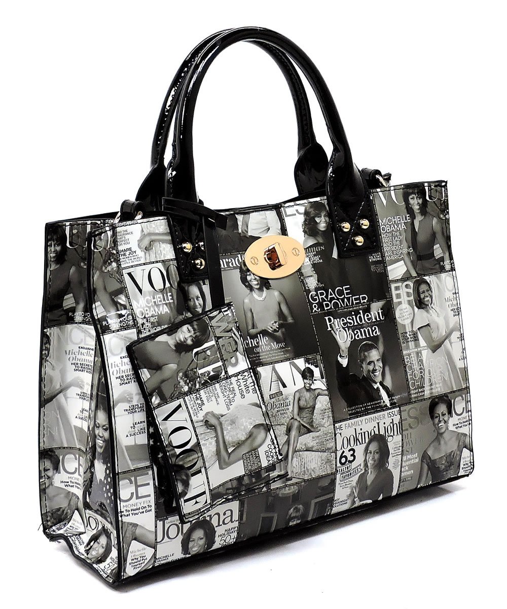 Glossy Magazine Cover Collage 3-in-1 Shoulder Bag Hobo Michelle Obama Handbag (3-Black/White)