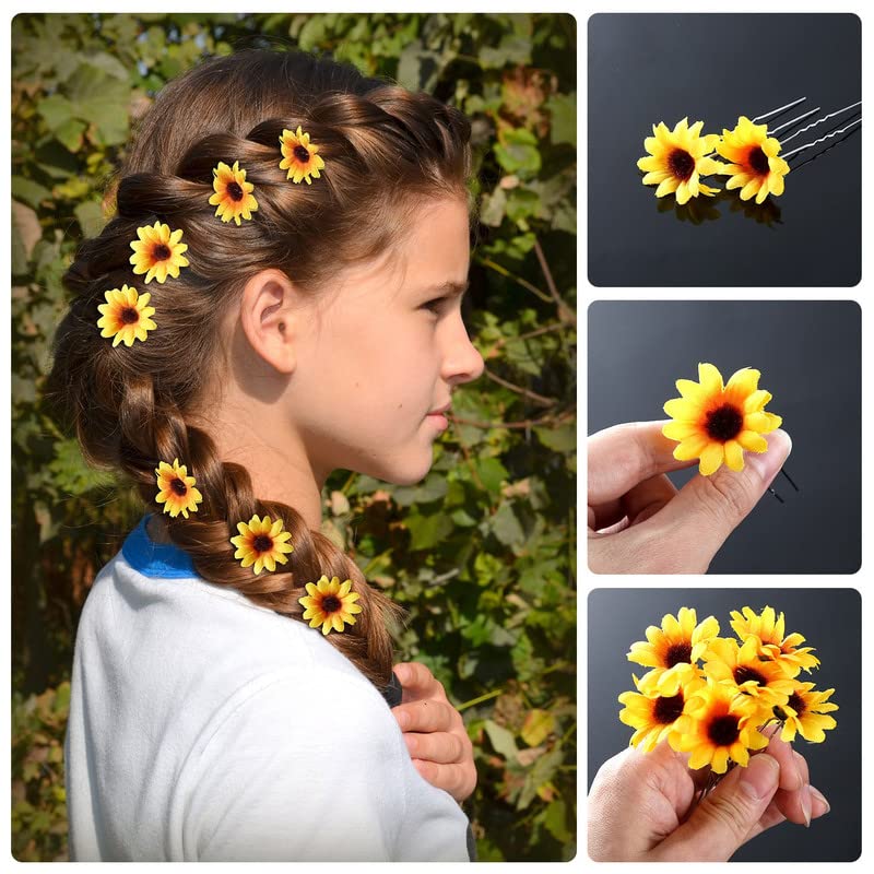 10 Pieces Sunflower Hair Clips Floral Hair Clips with 2 Pieces Sunflower Wreath Hippie Headband Sunflower Hairpins for Women Wedding Hair Accessories