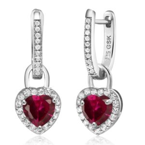 gem stone king 925 sterling silver heart gemstone birthstone and white created sapphire earrings | heart shape 6mm | drop dangle earrings for women