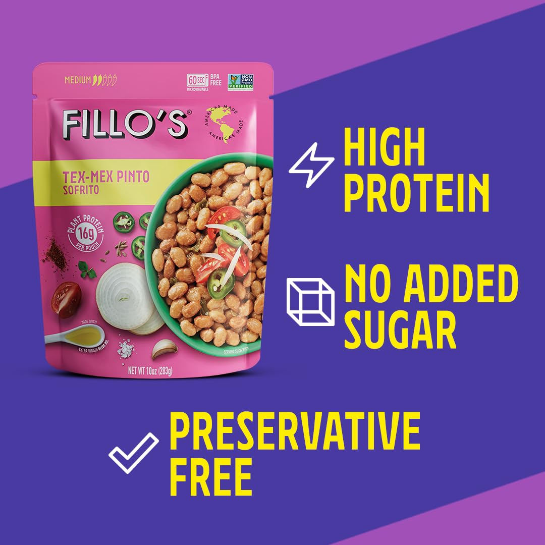 Fillo's Tex Mex Pinto Beans - Ready to Eat Beans, Gluten-Free, Preservative-Free, Microwavable, Non-GMO, Vegan Friendly, Plant Protein, 10 oz Pk of 6