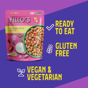 Fillo's Tex Mex Pinto Beans - Ready to Eat Beans, Gluten-Free, Preservative-Free, Microwavable, Non-GMO, Vegan Friendly, Plant Protein, 10 oz Pk of 6