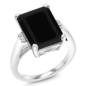 Gem Stone King 925 Sterling Silver Black Onyx Engagement Ring For Women (6.67 Cttw, Emerald Cut 14X10MM, Gemstone Birthstone, Available in size 5, 6, 7, 8, 9)