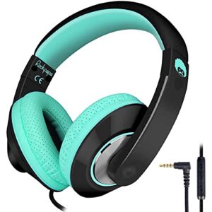 rockpapa comfort+ kids headphones with microphone, boys girls student over-ear headphones wired for school classroom laptop pc computer tablet black teal