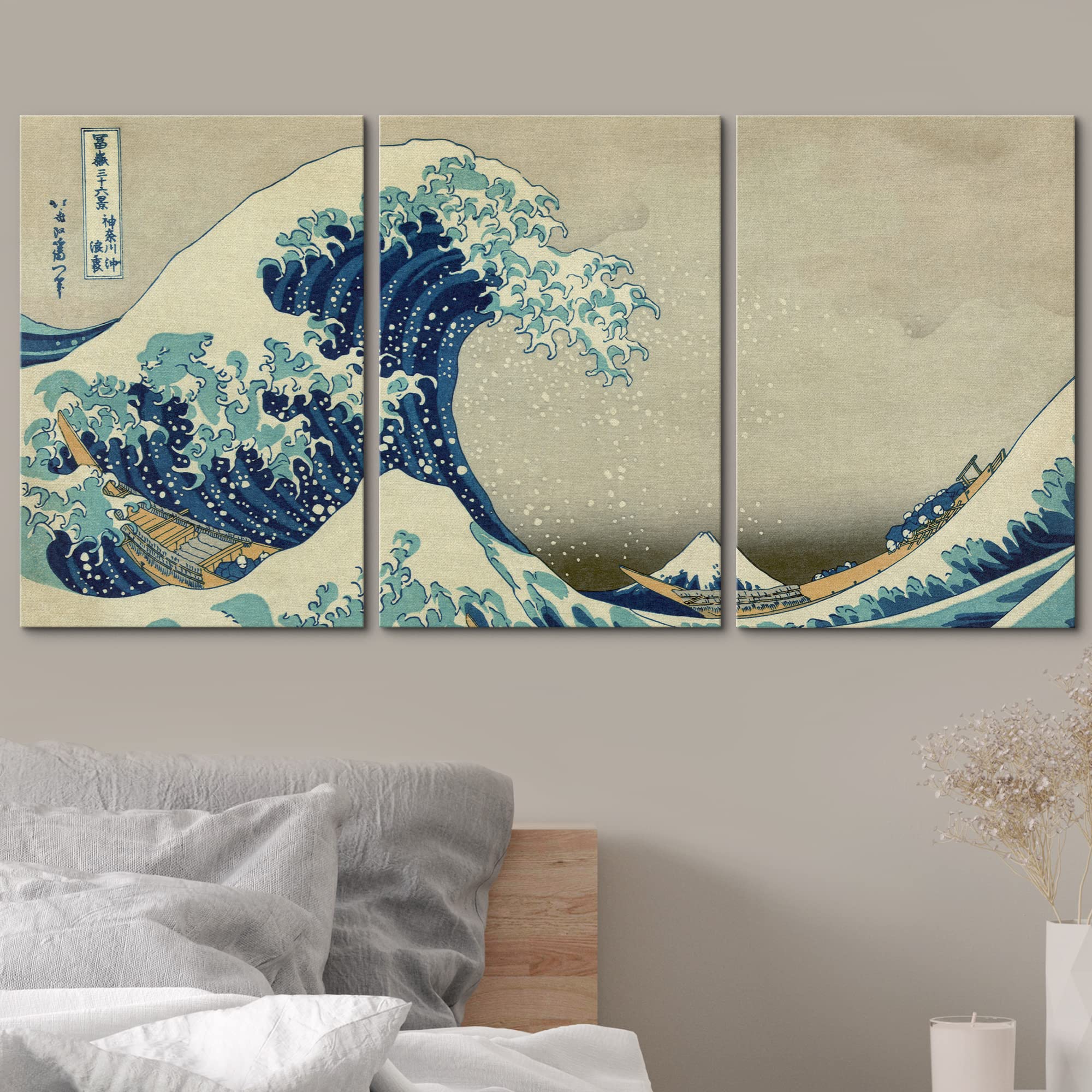 wall26 Canvas Print Wall Art Set The Great Wave Off Kanagawa by Hokusai Cultural Historic Oil Painting Fine Art Reproduction Scenic Colorful for Living Room, Bedroom, Office - 16"x24" x 3 Panels