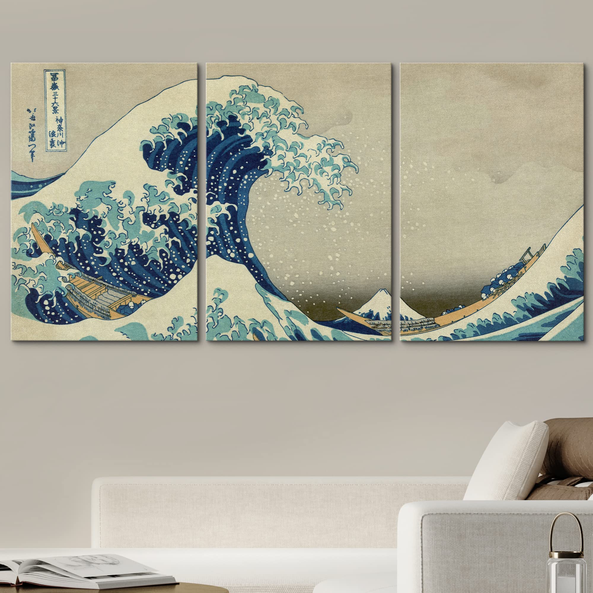 wall26 Canvas Print Wall Art Set The Great Wave Off Kanagawa by Hokusai Cultural Historic Oil Painting Fine Art Reproduction Scenic Colorful for Living Room, Bedroom, Office - 16"x24" x 3 Panels