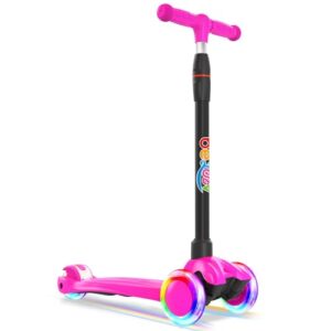 beleev scooters for kids 3 wheel kick scooter for toddlers girls boys, 4 adjustable height, lean to steer, light up wheels, extra-wide board for children ages 3-12 (black pink)