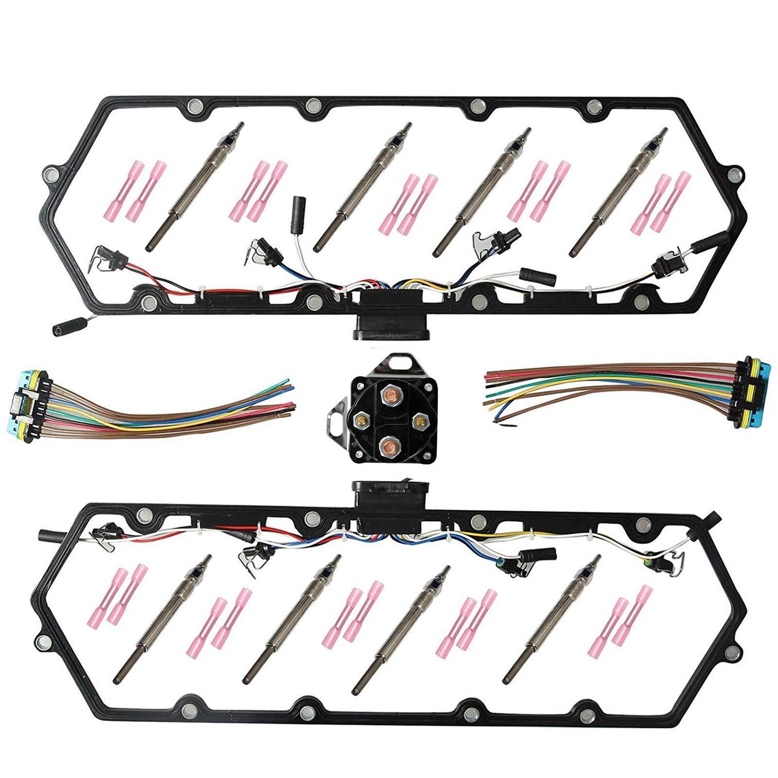 Valve Cover Gaskets + 8 Glow Plugs + BK Relay With Inner Injector Glow Plug Harness Compatible with 7.3L Ford F250 F350 E250 E350 Diesel Powerstroke 1999-2003 (615-201, F81Z-6584-AA)