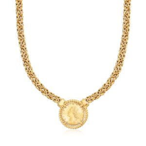 ross-simons italian 18kt gold over sterling replica lira coin byzantine necklace. 18 inches