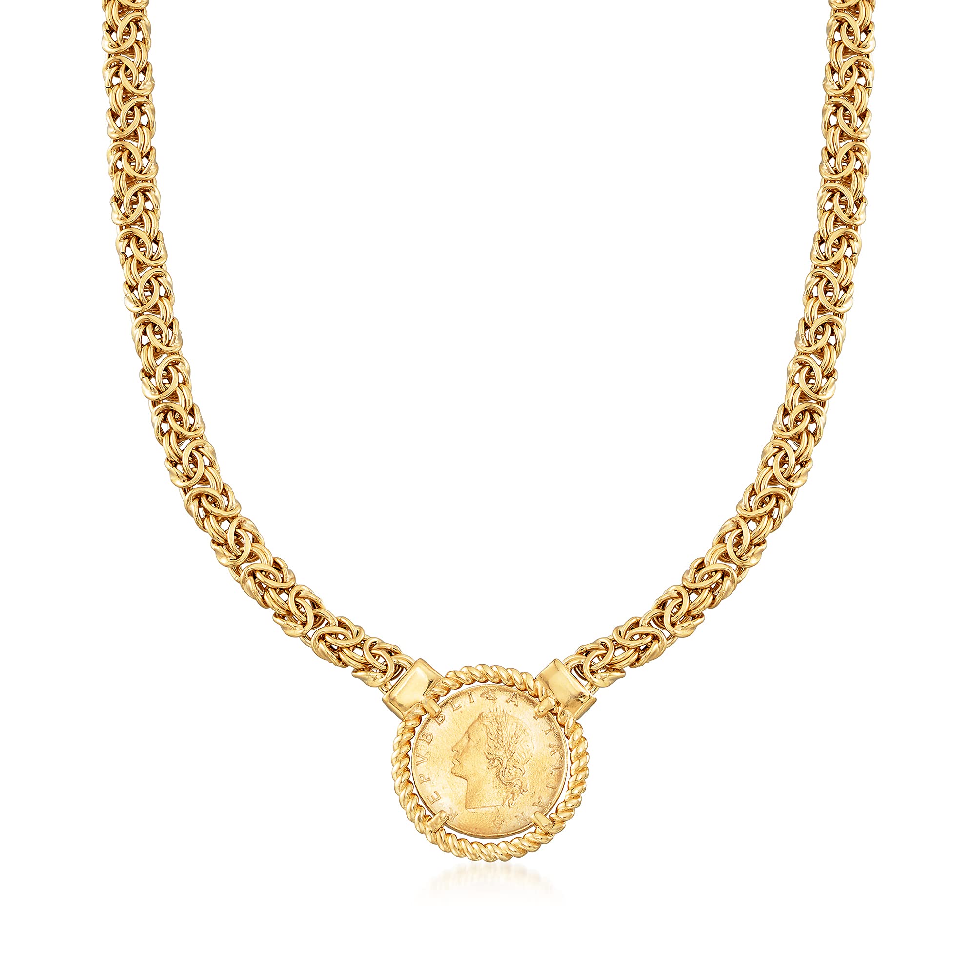 Ross-Simons Italian 18kt Gold Over Sterling Replica Lira Coin Byzantine Necklace. 18 inches