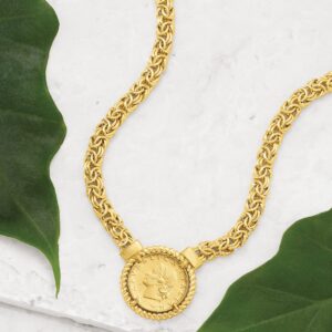 Ross-Simons Italian 18kt Gold Over Sterling Replica Lira Coin Byzantine Necklace. 18 inches